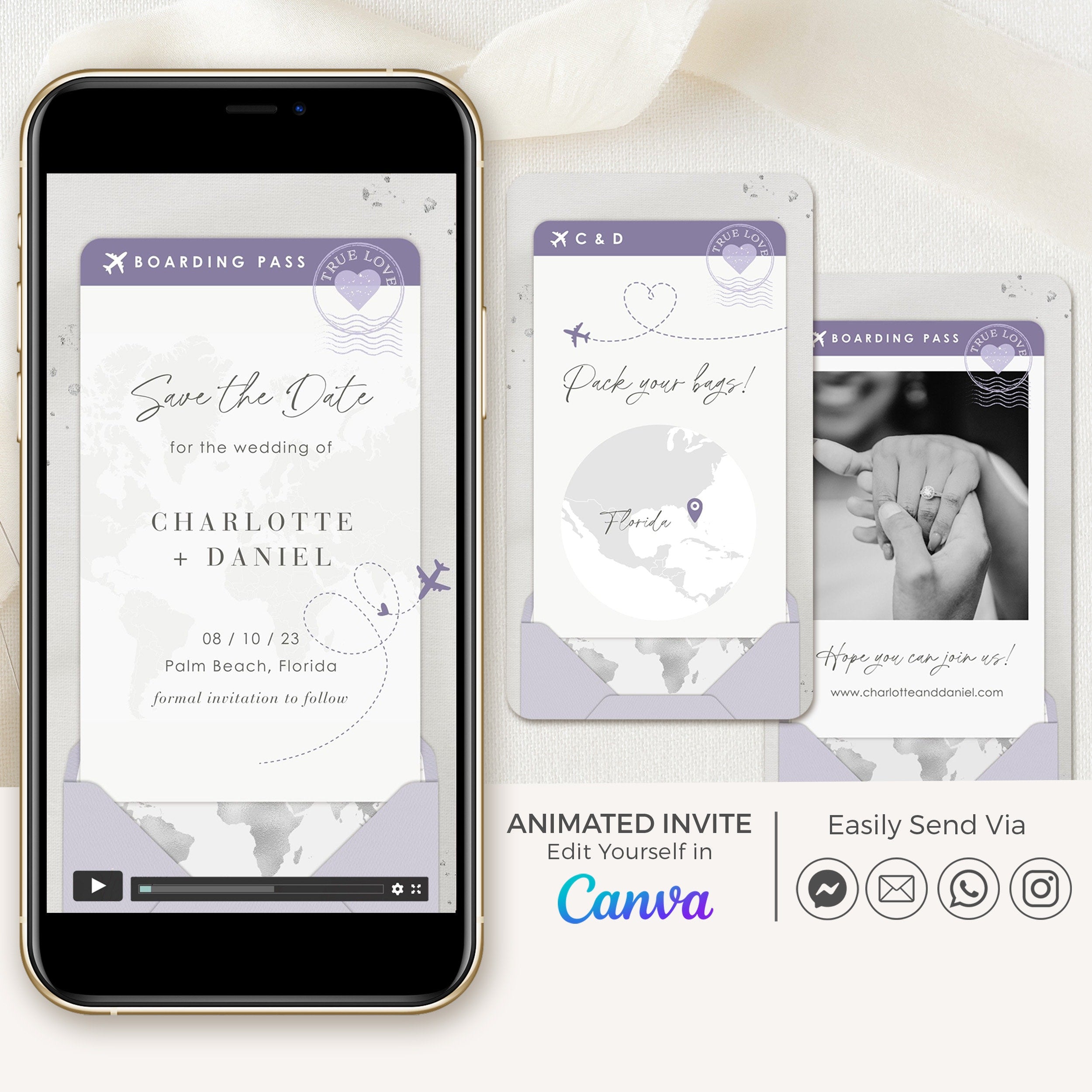 Boarding Pass Save the Date Video Template - Purple – Creative Things Studio