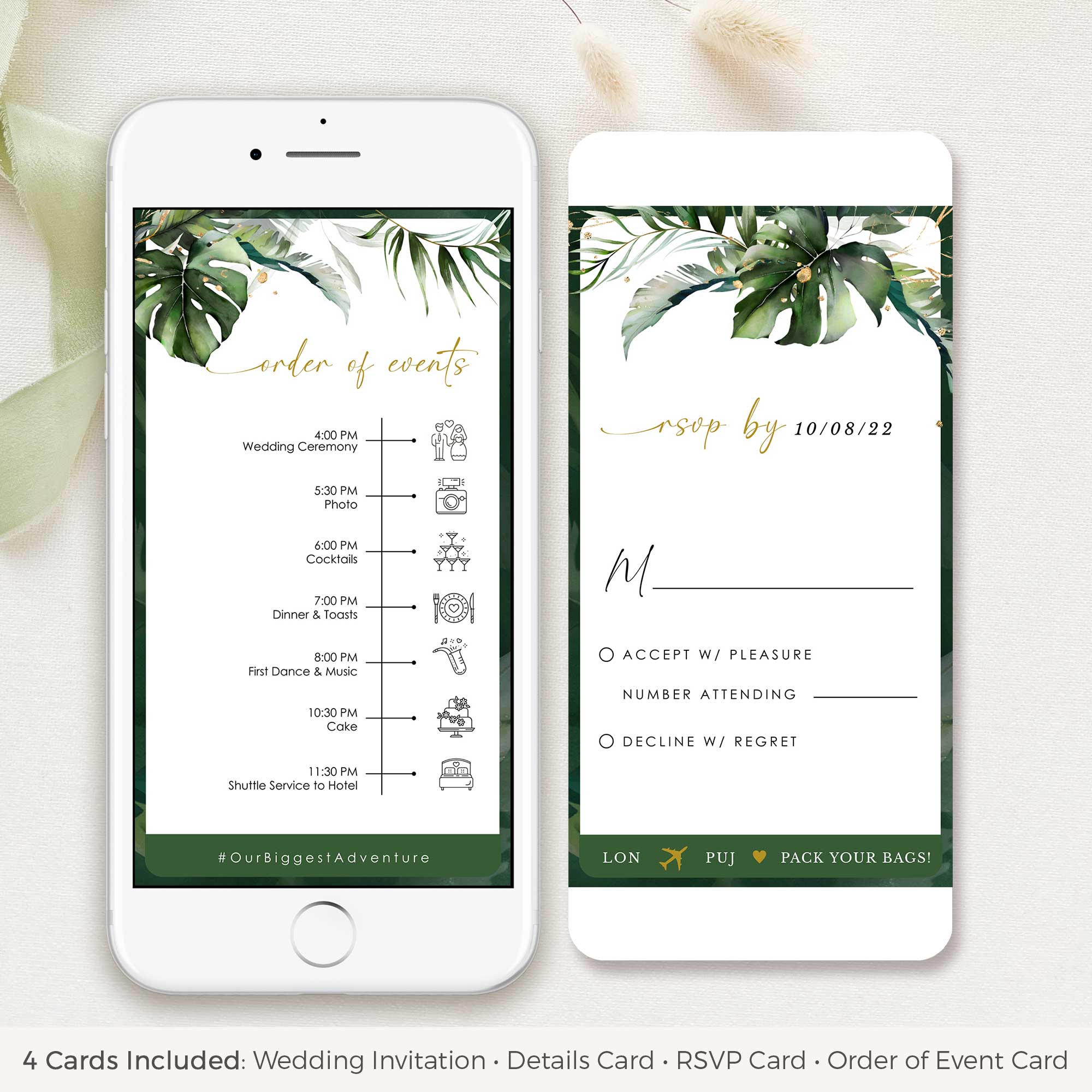 Palma | Tropical Wedding Boarding Pass Wedding Invitation Evite