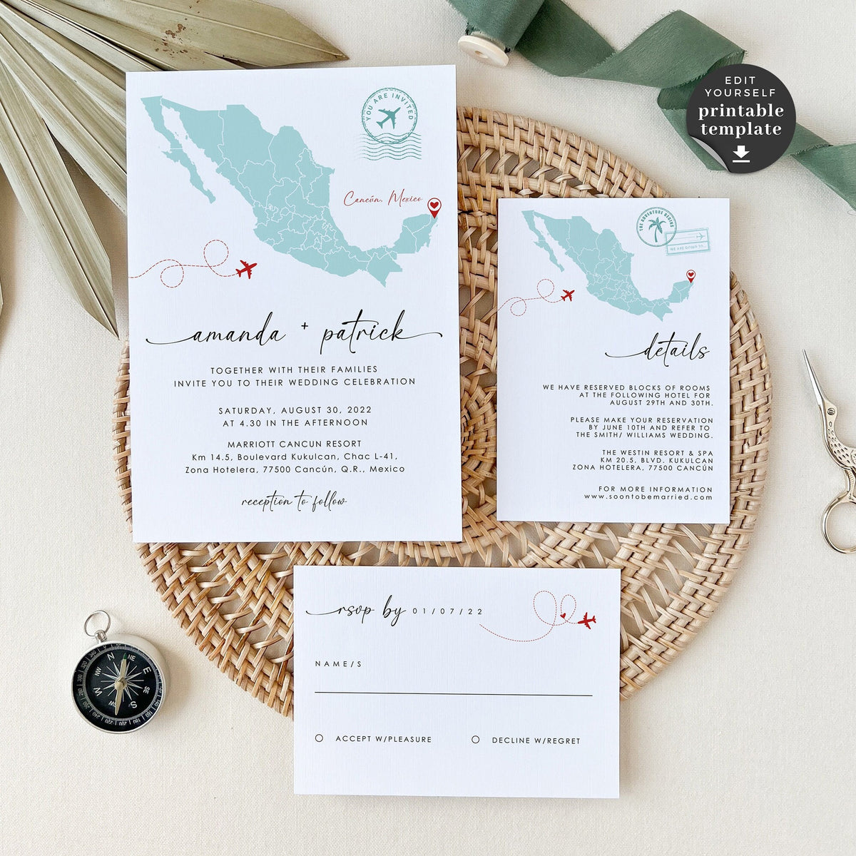 Mexico Destination Wedding Invitation Suite Template