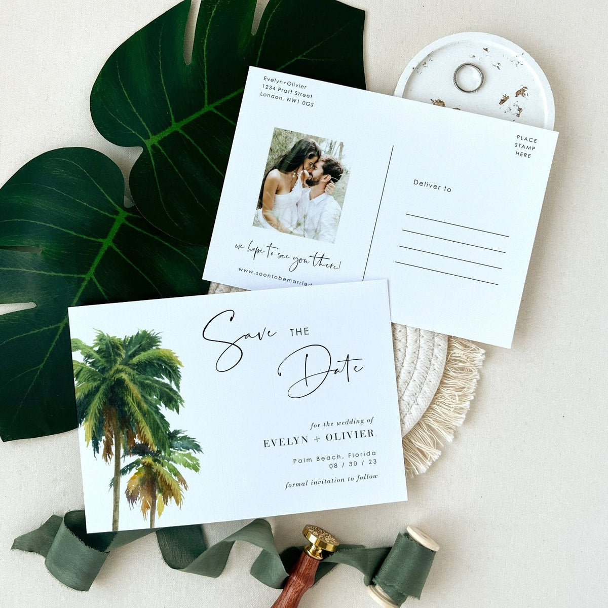 Kala | Palm Tree Save the Date Postcard with Photo