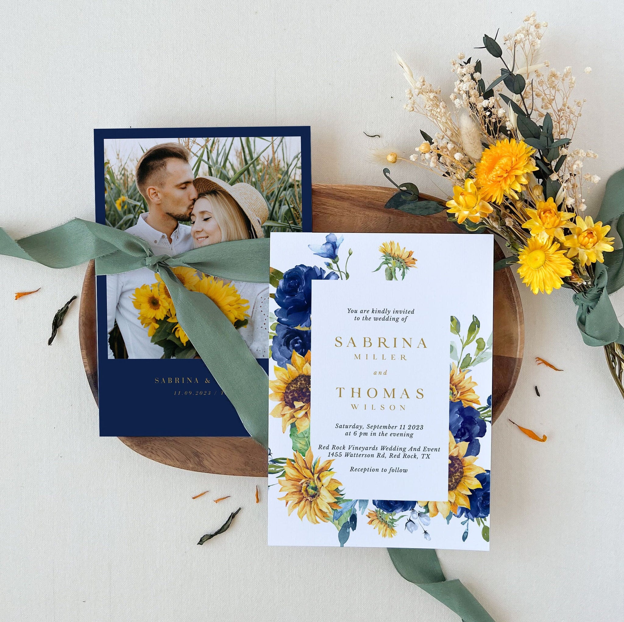 IVY Navy Blue and Sunflower Wedding Invitation Template