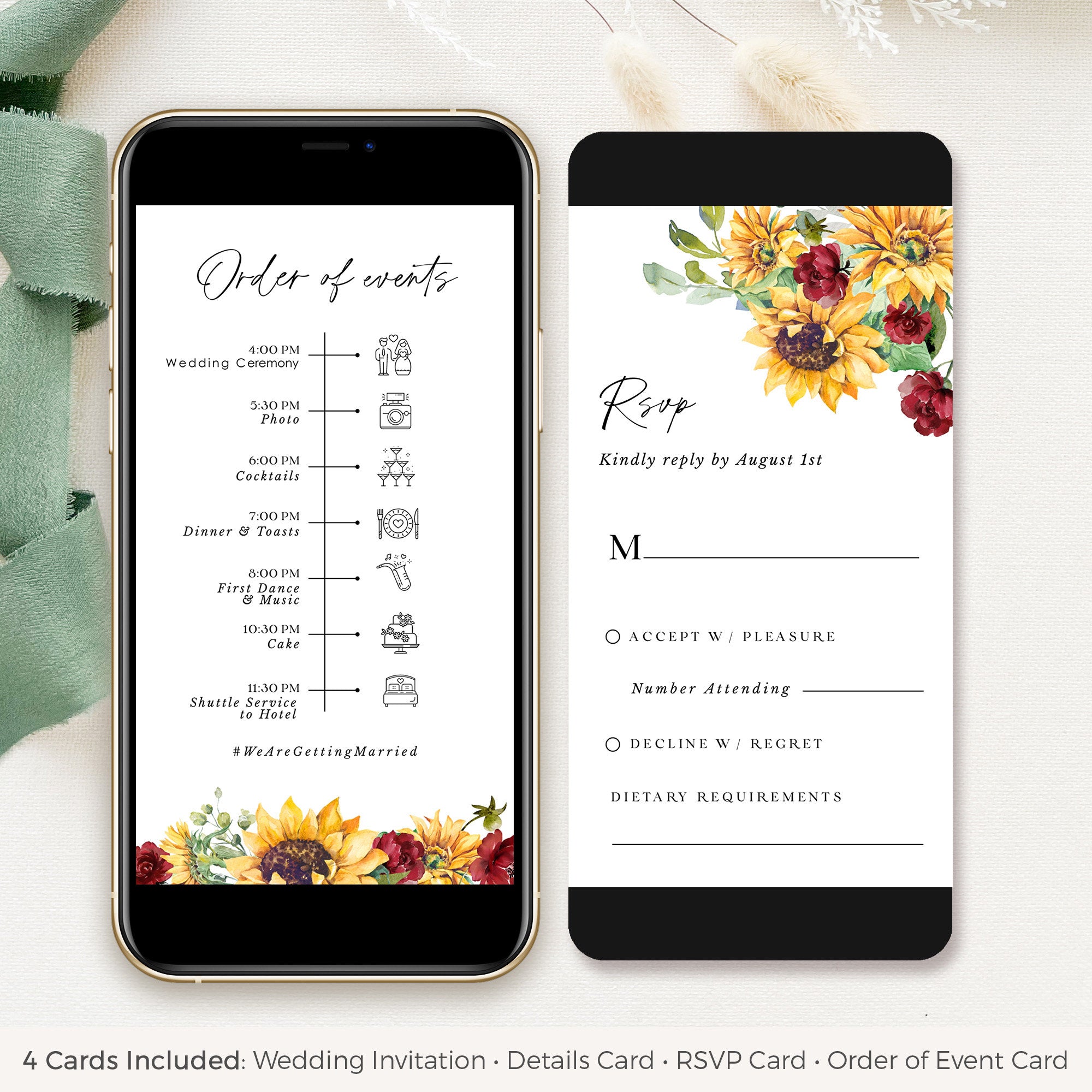RUBY Digital Wedding Invitations Red Roses and Sunflowers