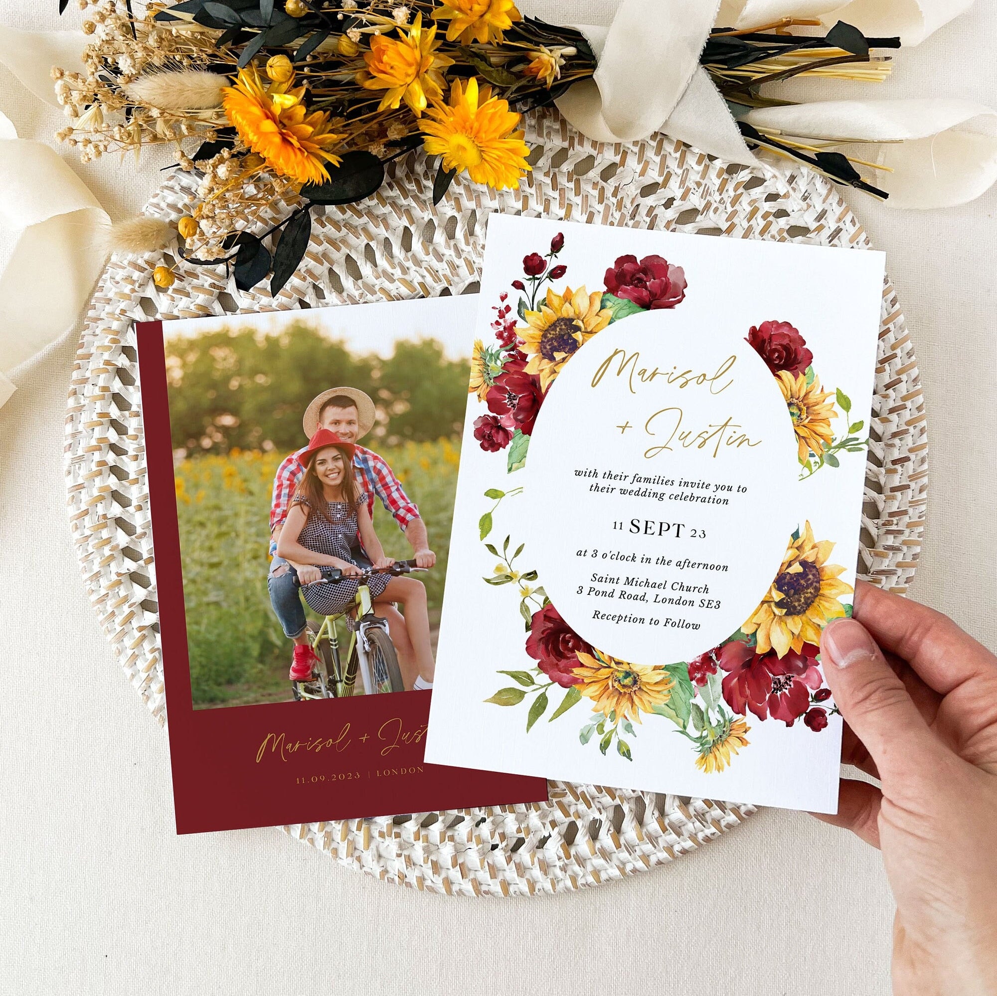 RUBY Red Roses and Sunflower Wedding Invitation Card Template ...