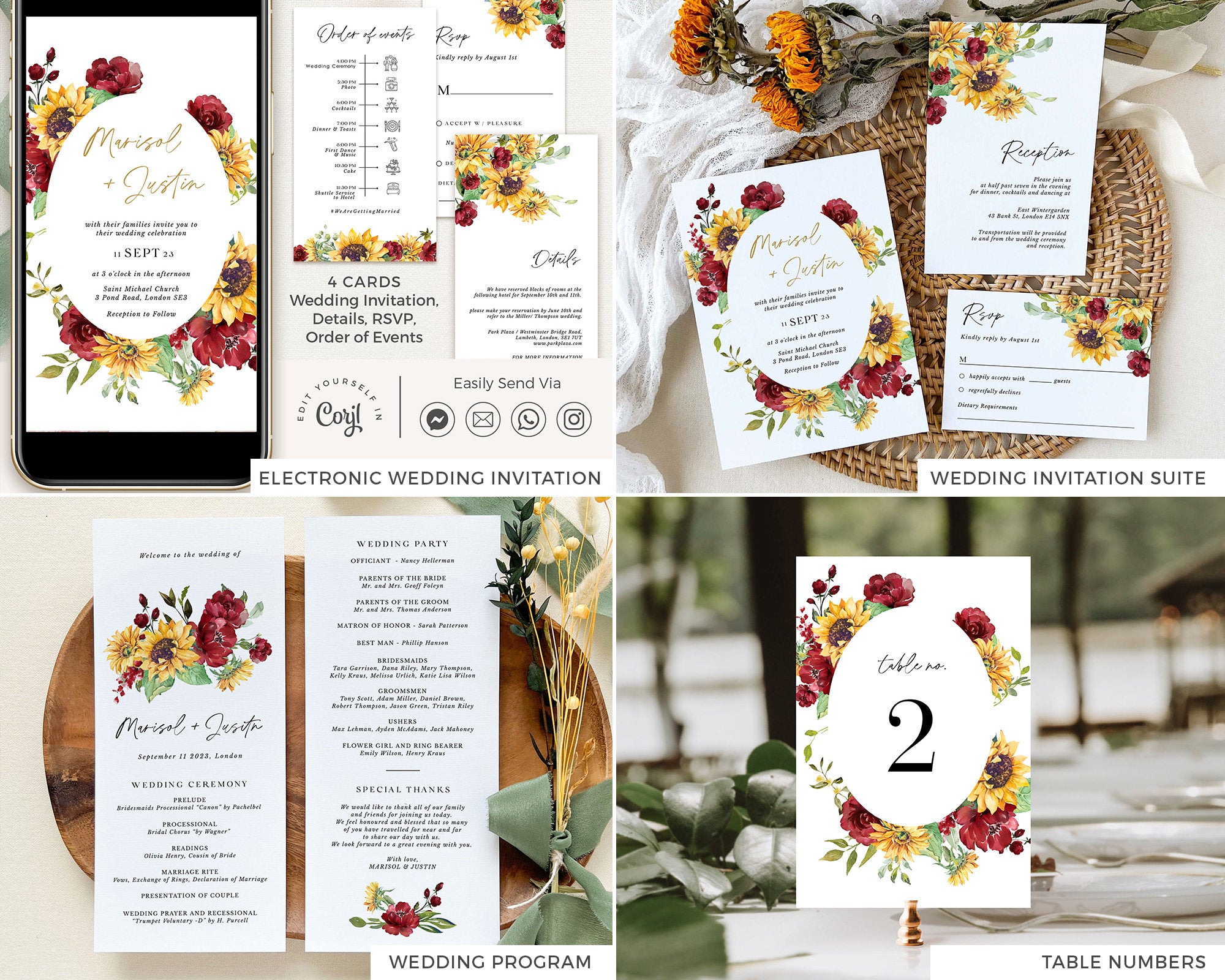 RUBY Printable Sunflower Wedding Invitation Template Bundle
