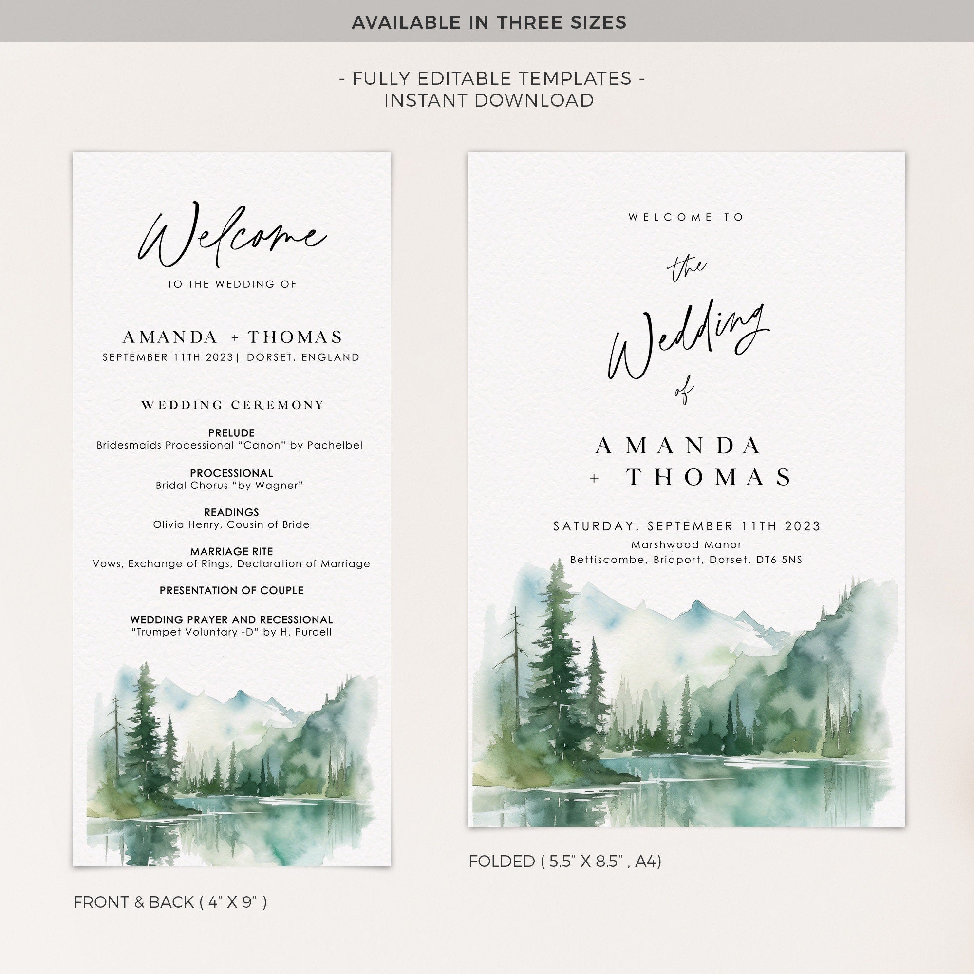 ARNA Mountain Wedding Program Template Printable – Creative Things Studio