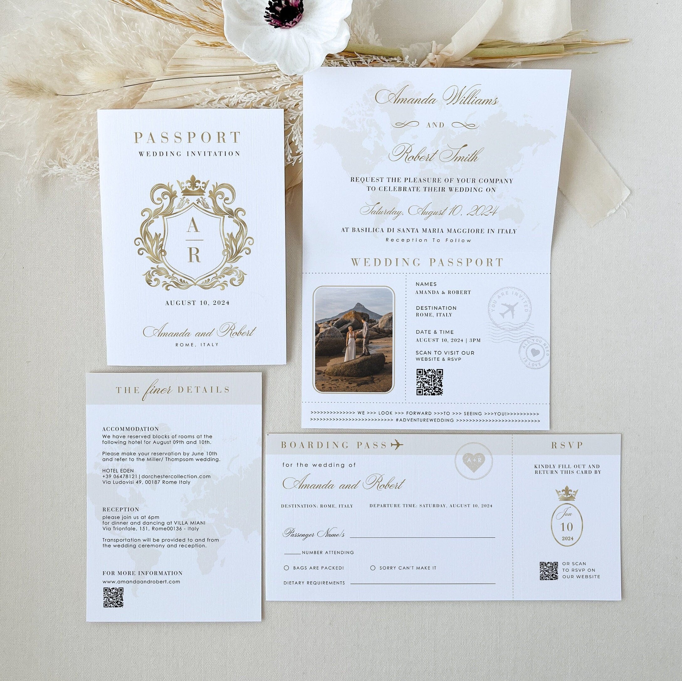 White & Gold Passport Wedding Invitation Template – Creative Things Studio
