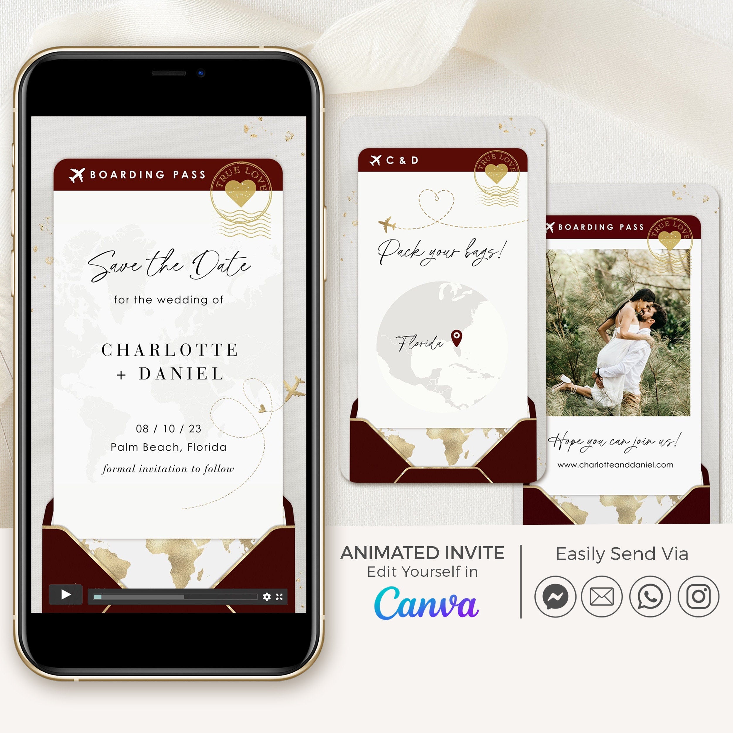 Boarding Pass Save the Date Video Template - Burgundy – Creative Things Studio