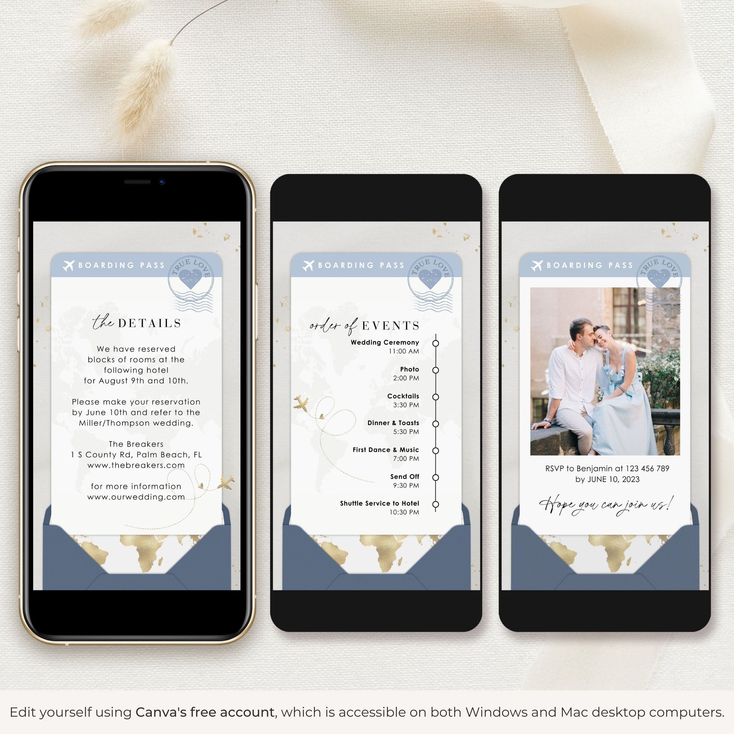 Dusty Blue Boarding Pass Wedding Invitation Video Template