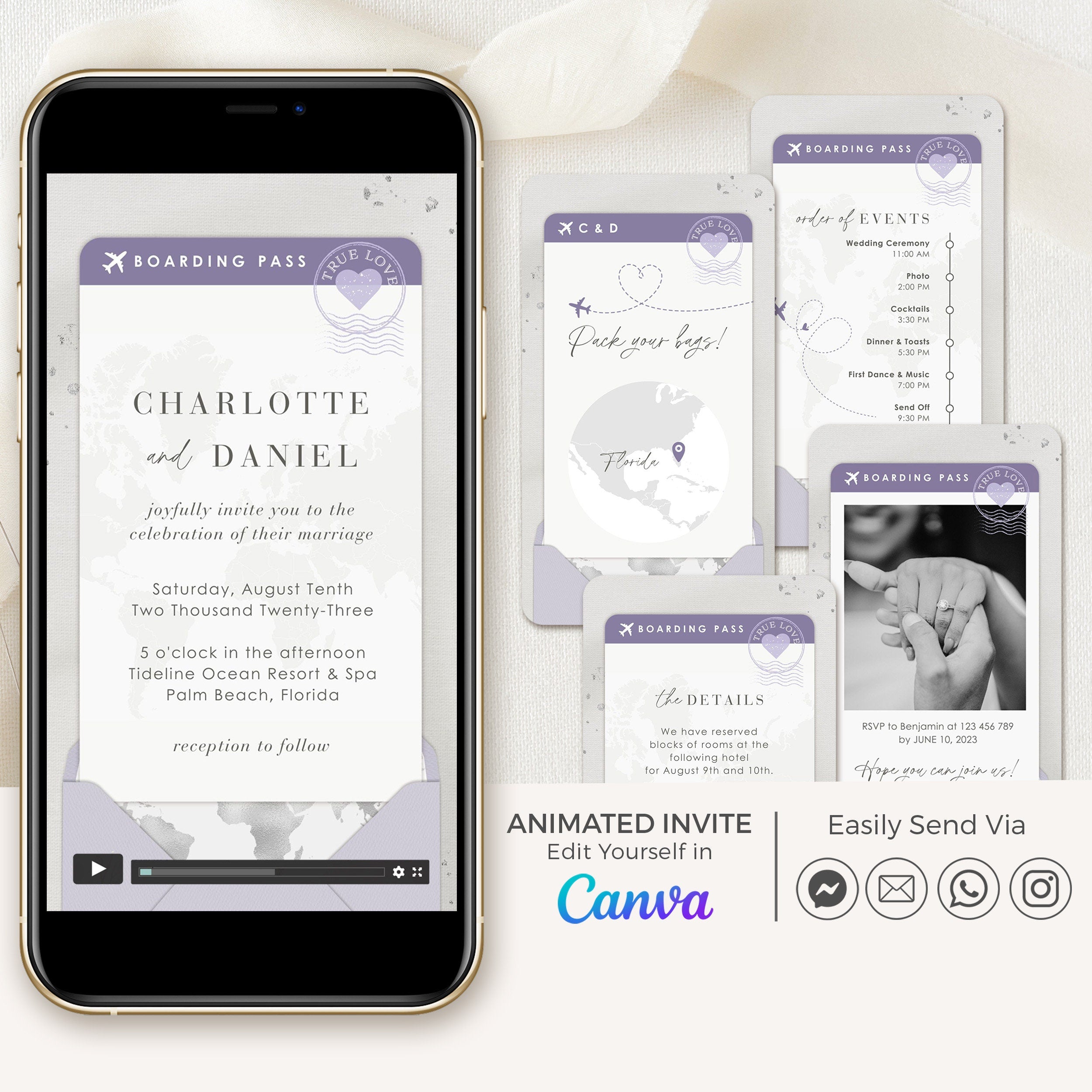 Boarding Pass Wedding Invitation Video Template - Purple – Creative ...