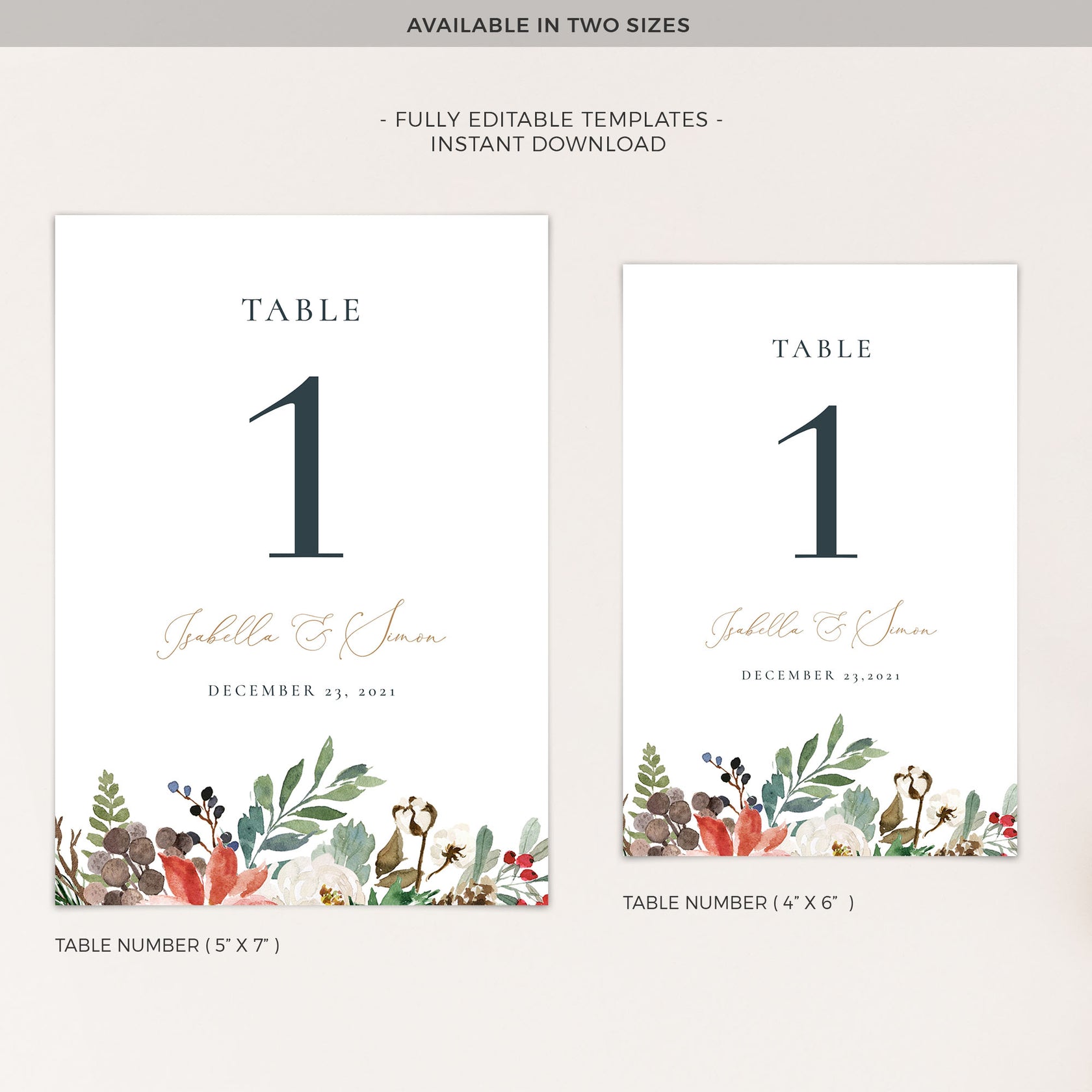 Natalia | Christmas Wedding Table numbers Template