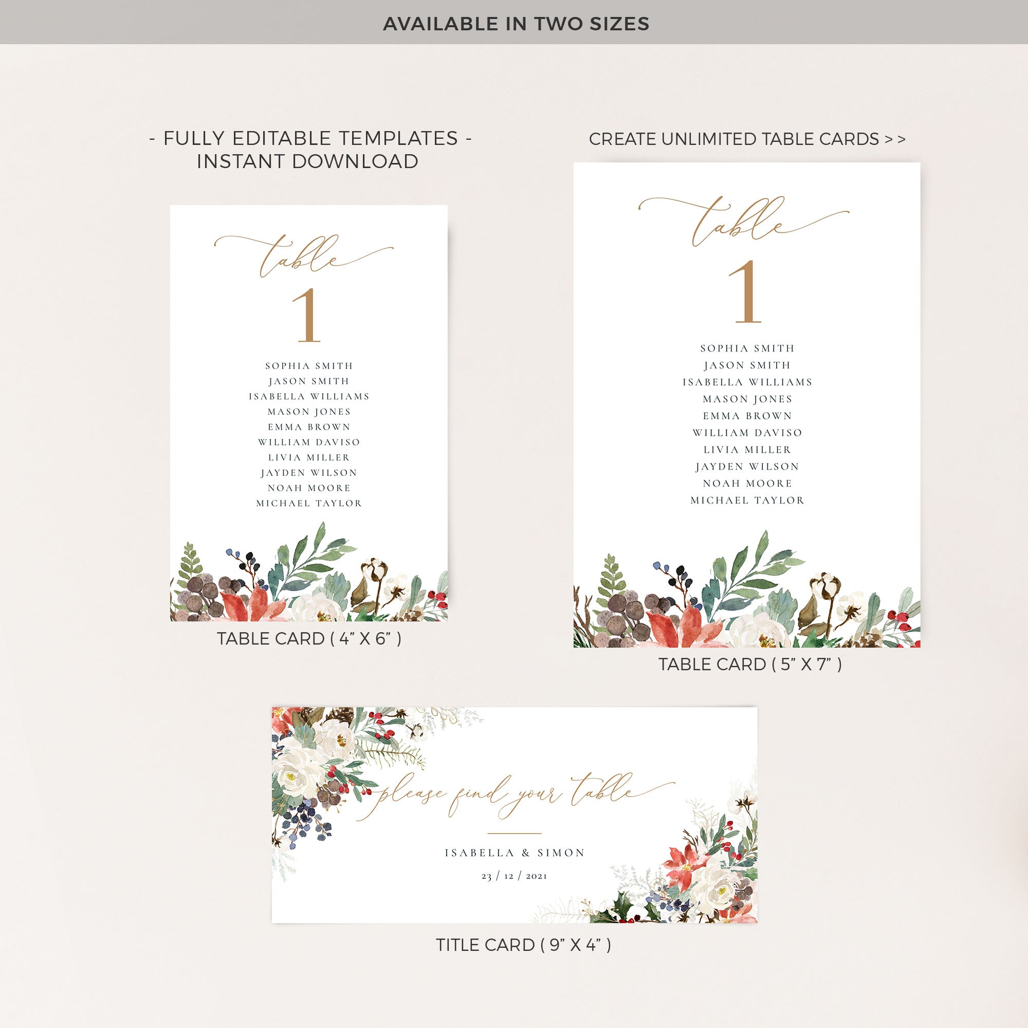 Natalia | Christmas Wedding Table Seating Cards Template