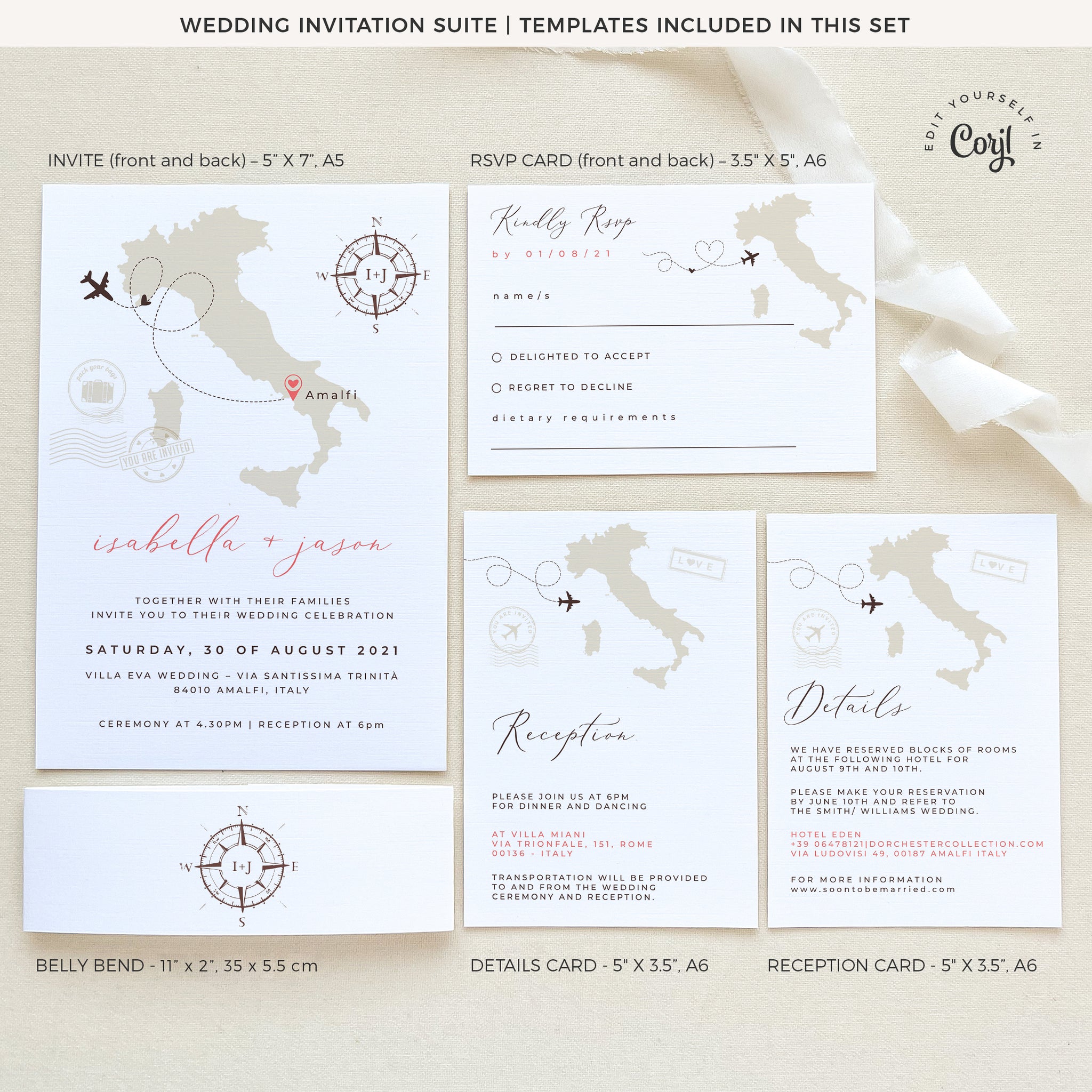 Italy Destination Wedding Invitation Template with RSVP